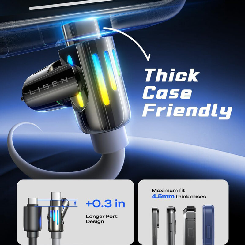 Cablu Fast Charge Type-C, Lightning Lisen, RGB, 240W, 2m, gri - CatMobile